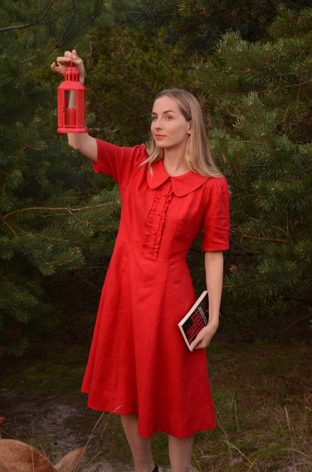 Red Linen Women's Midi Dress With Short Sleeves, Button Down Robe With ...