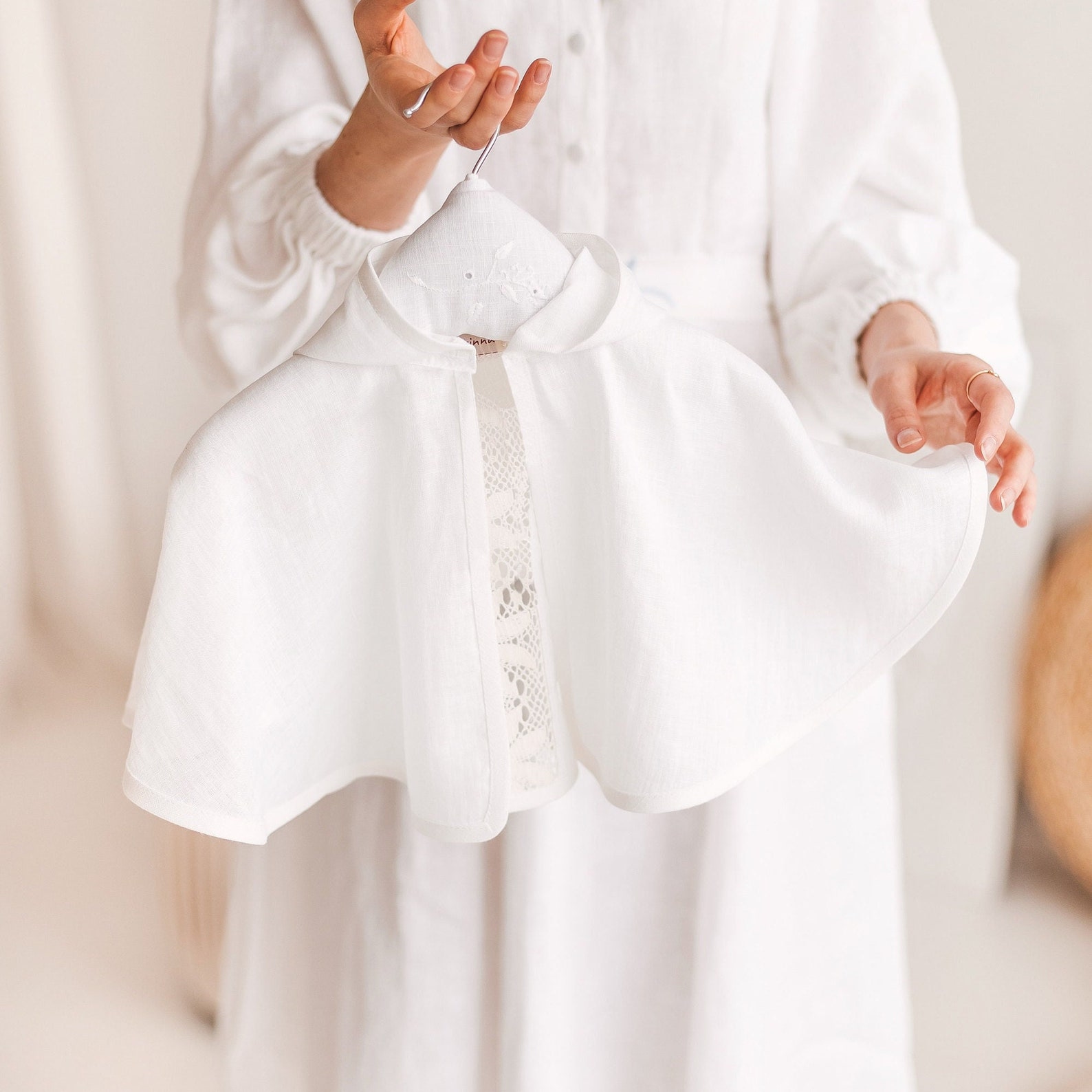 White Baby Cape With Hood, Kids Linen Fabric Mantle With Lace, Round ...