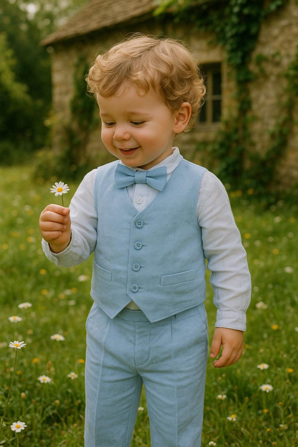 Blue Linen Baby Boy Suit, Vest and Trousers Set for Toddlers, Button ...