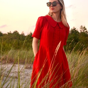 Red Linen Women's Midi Dress With Short Sleeves, Button Down Robe With ...