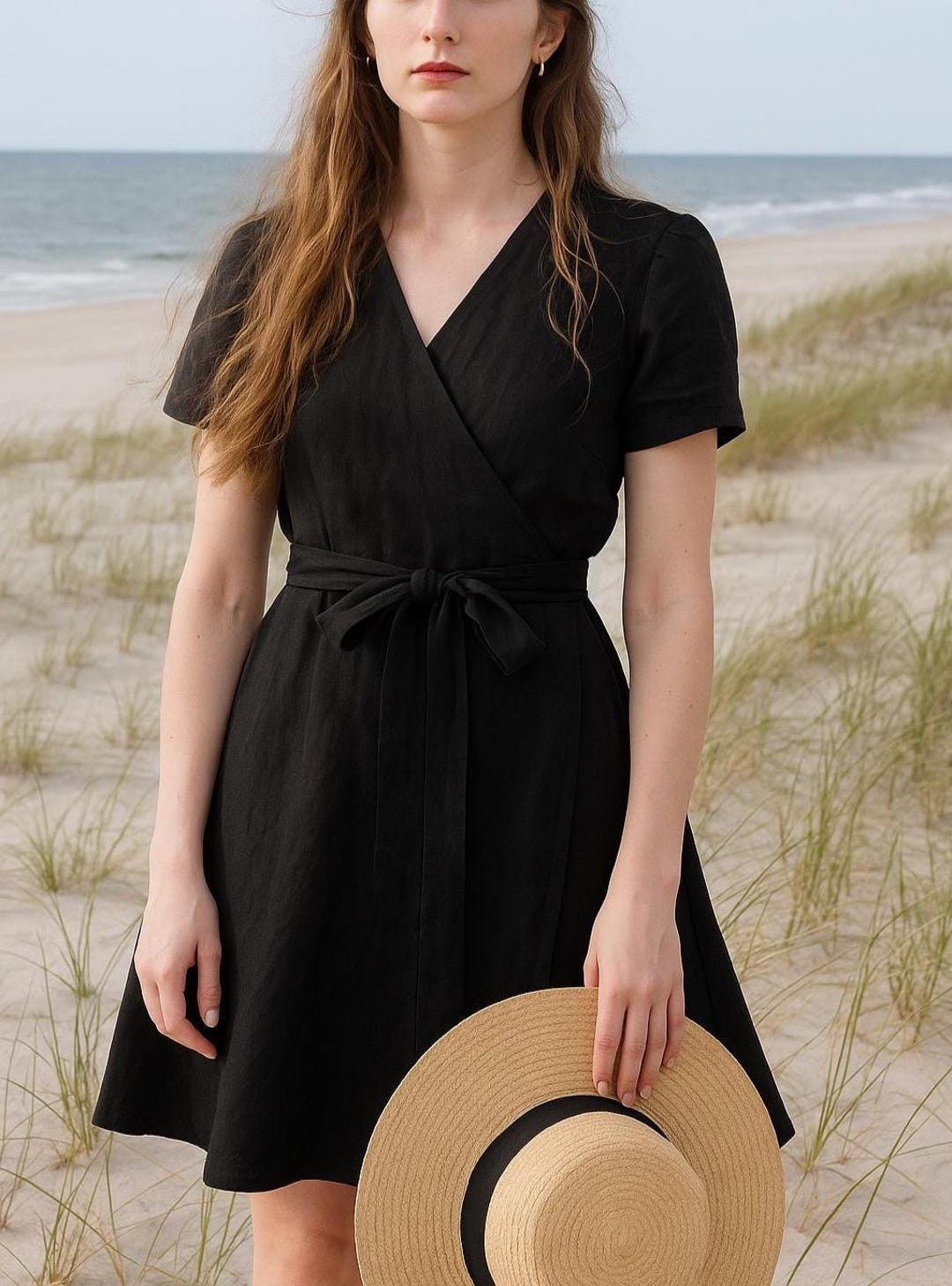 Black Linen Wrap Women Dress With Pockets, Knee Length Breathable ...
