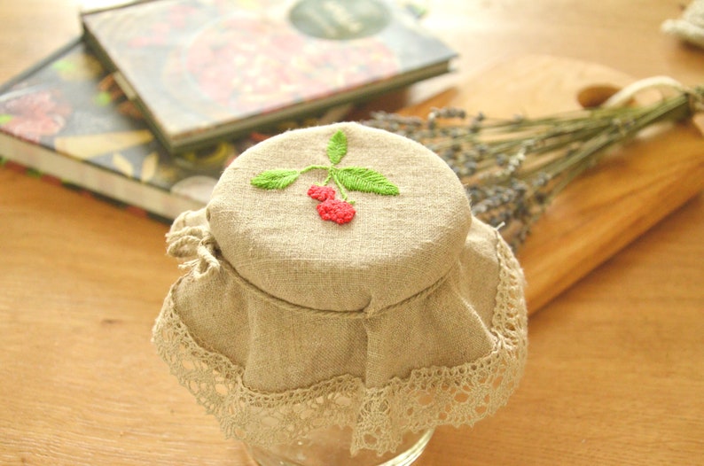 Linen Jar Cover With Embroidered Raspberry, Fabric Bowl Decoration ...
