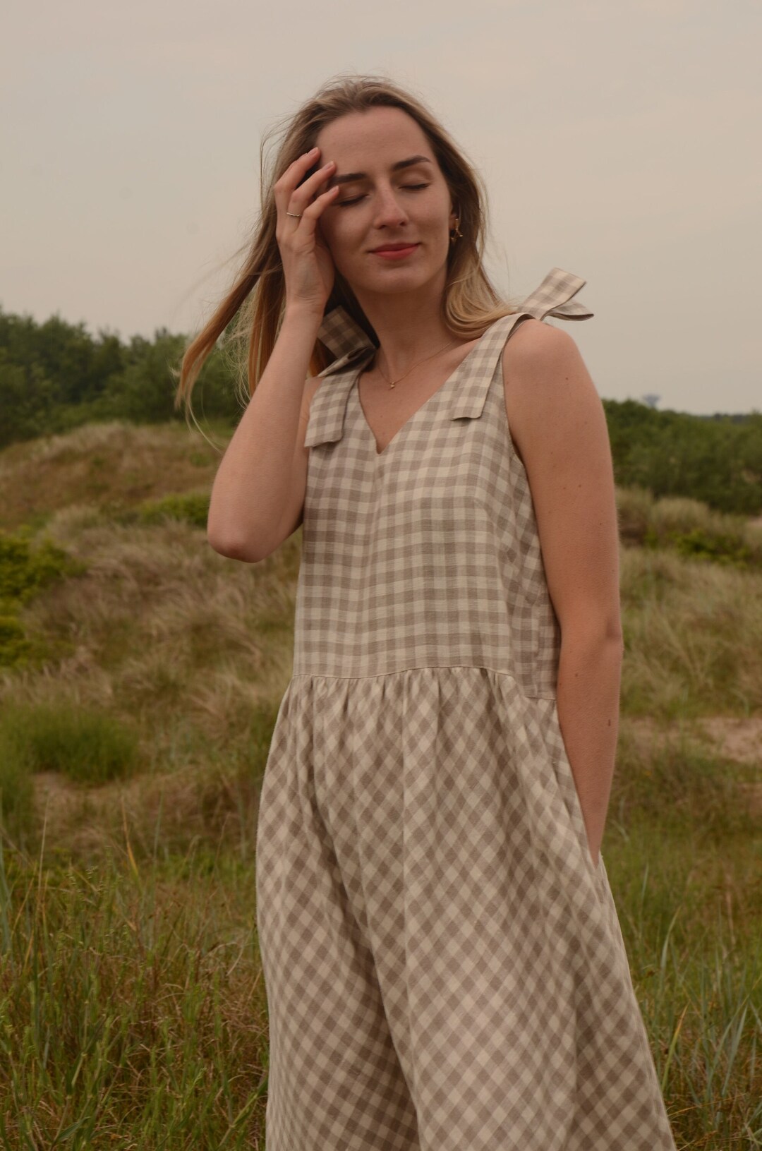 Checkered Linen Casual Women Dress With Pockets, Below the Knee Length ...