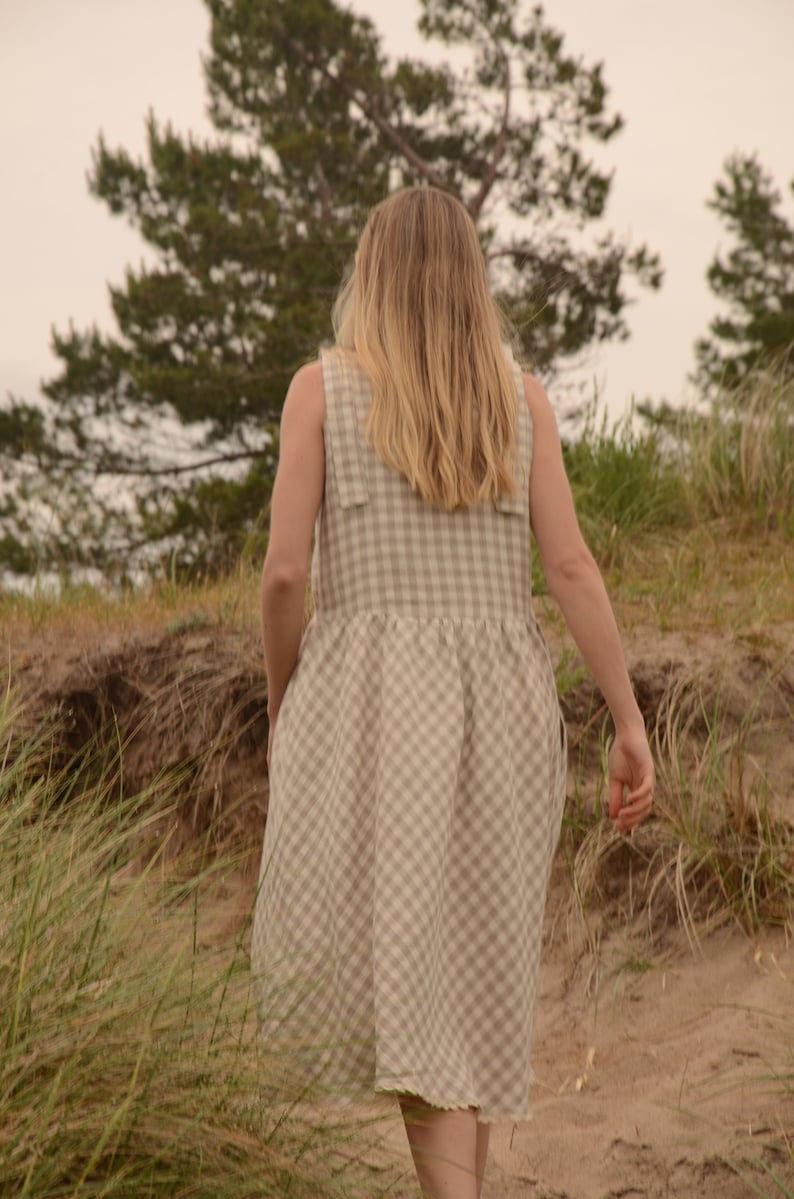 Checkered Linen Casual Women Dress With Pockets, Below the Knee Length ...