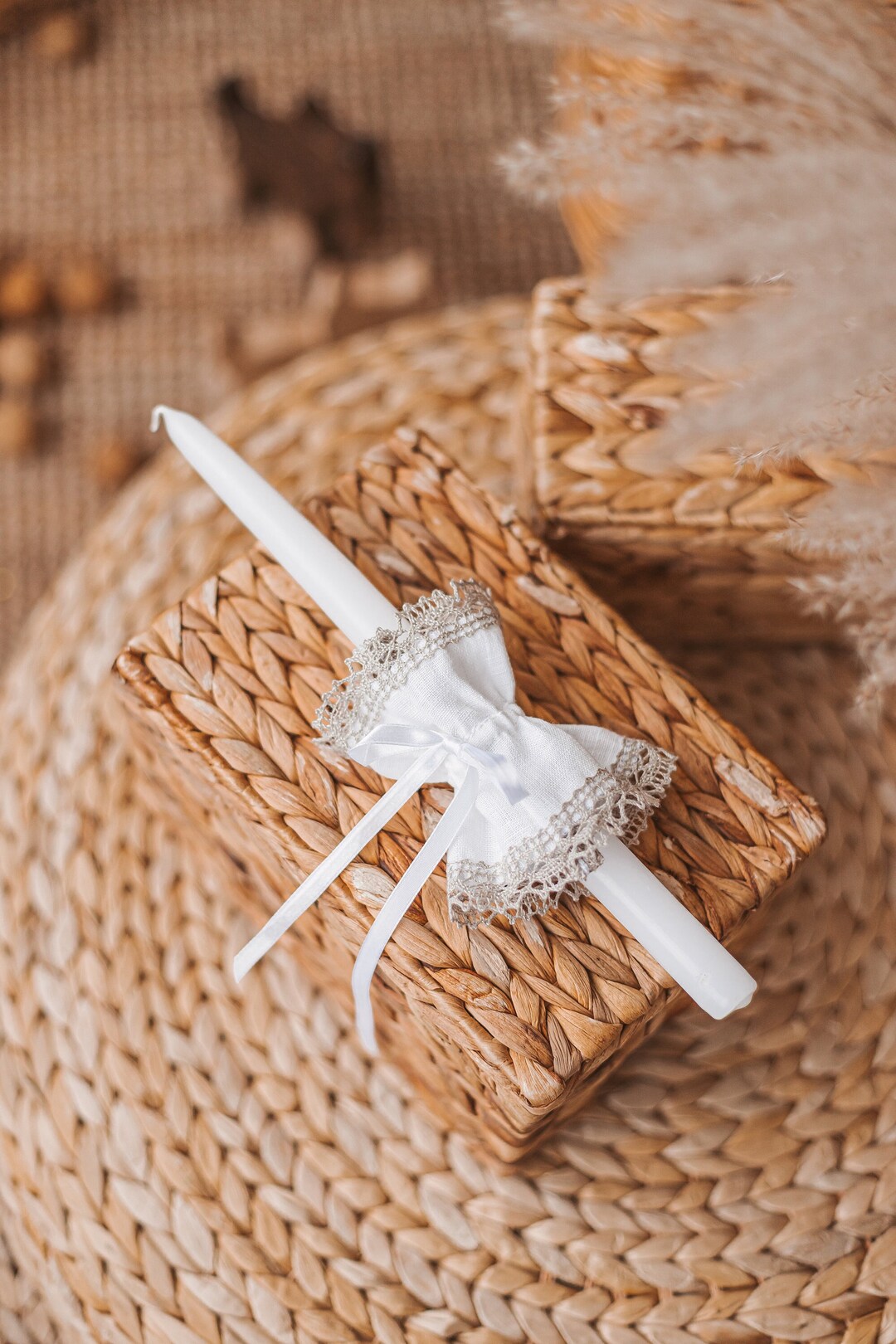 White Candle With Linen Fabric Decoration, Baptism Taper Firestick With ...