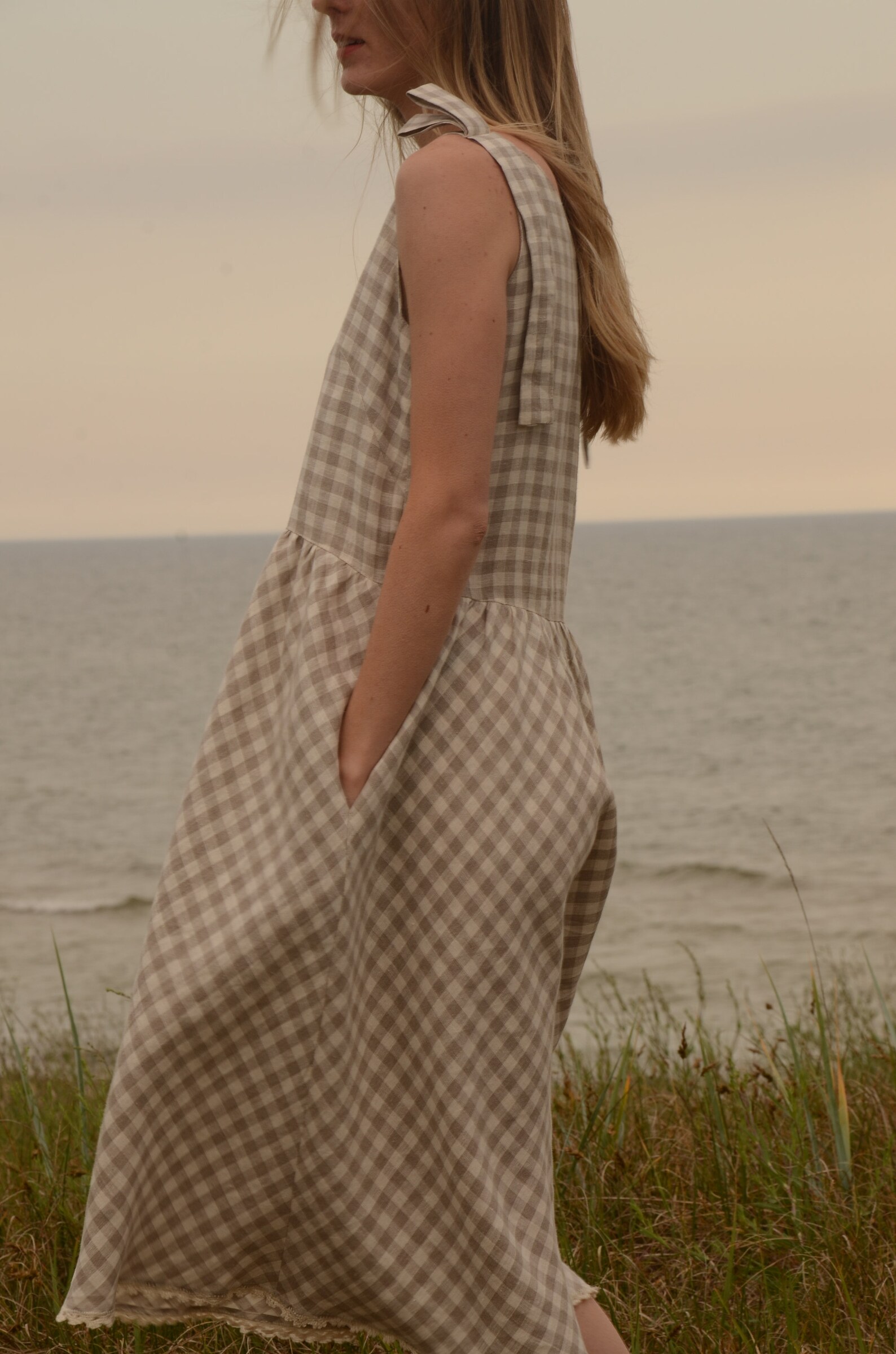 Checkered Linen Casual Women Dress With Pockets, Below the Knee Length ...