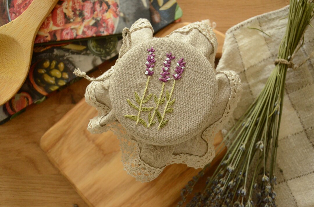 Linen Jar Cover With Embroidered Lavender, Fabric Bowl Decoration ...