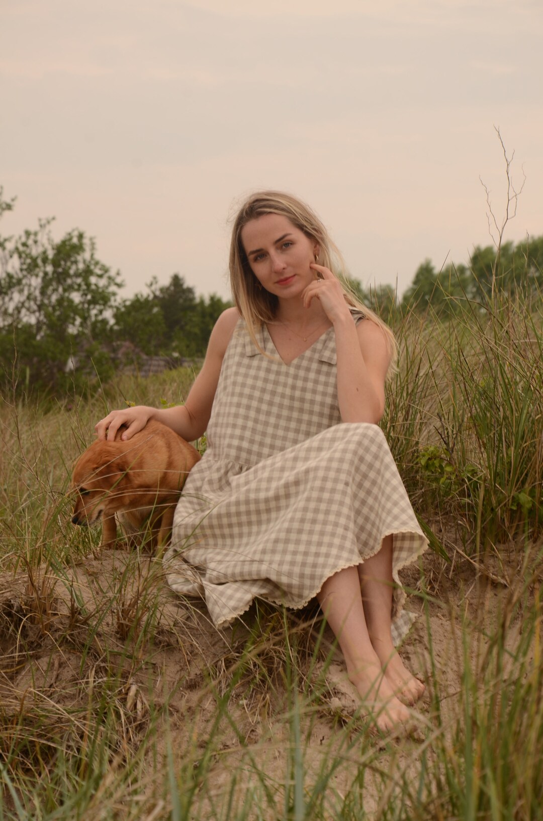 Checkered Linen Casual Women Dress With Pockets, Below the Knee Length ...