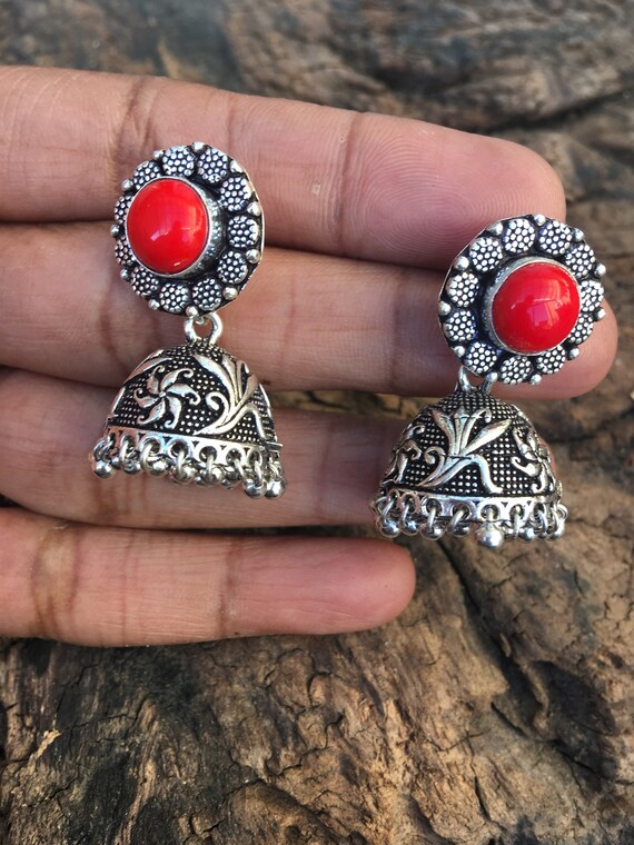 Silver Jumka Coral Stone Antique Silver Jumka Earrings | Etsy
