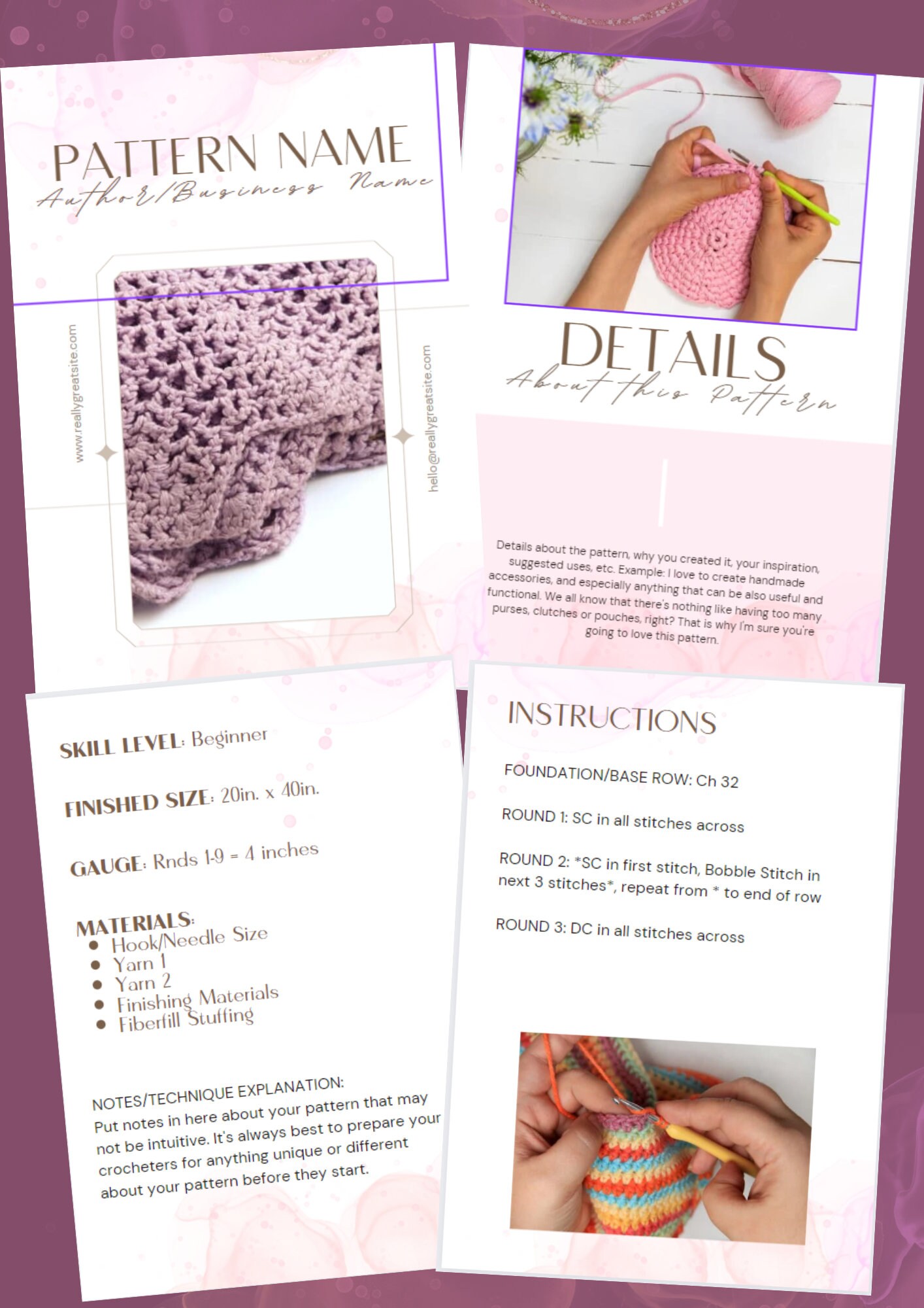 Pink Watercolor Crochet Pattern Template | Knit Pattern Template | Instant Download ...