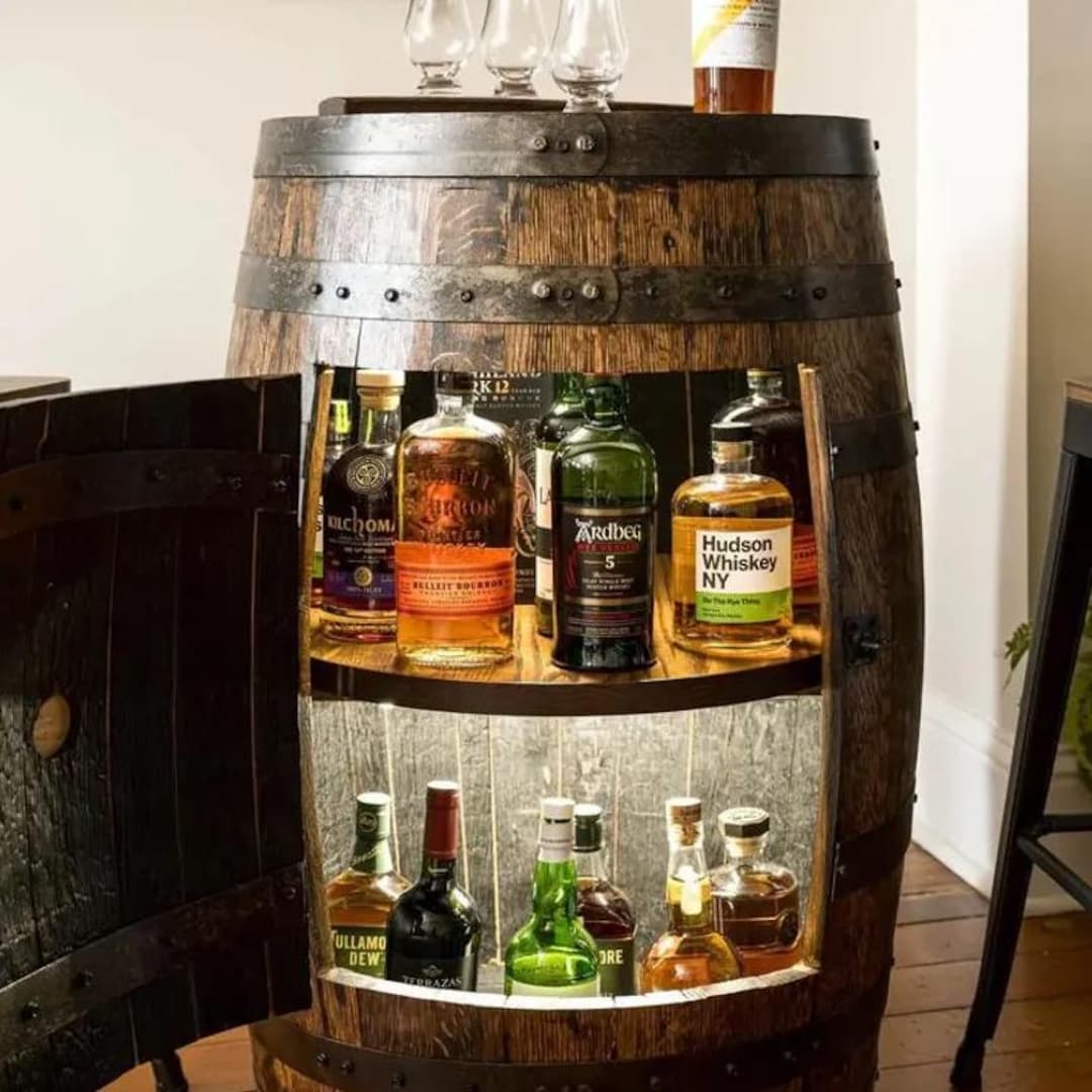 Bourbon Barrel Display Cabinet | Whiskey Barrel Bar, Barrel Cabinet for ...