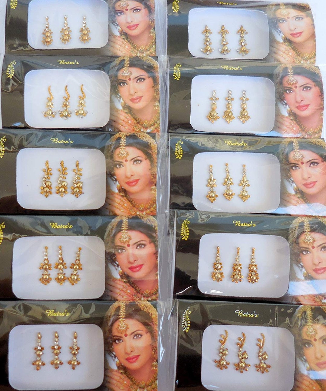 50 Pack Long Bindis, Silver, Black, Gold Bollywood Tikka, Long Face ...