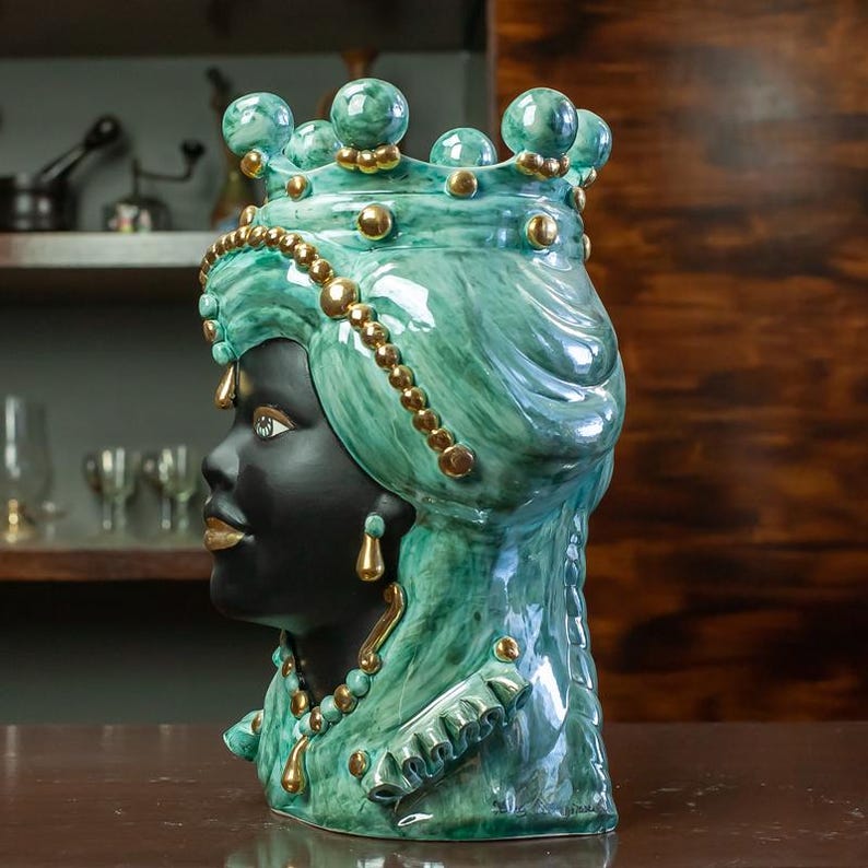 Sicilian Ceramic Moor's Head From Caltagirone Green Mother of Pearl L ...