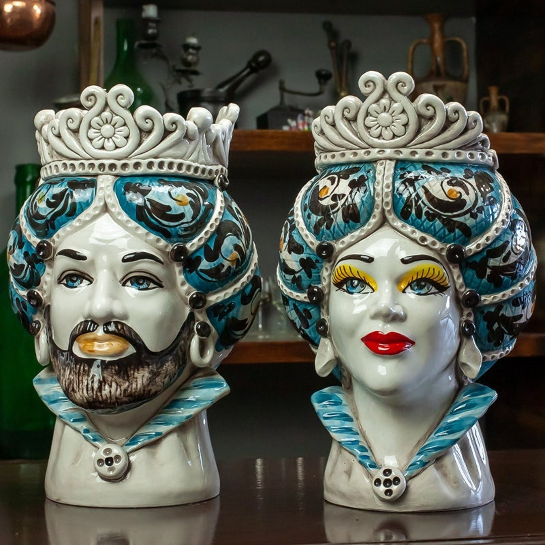 Vases Tête de Maure Têtes de Maure bleu sicilien L. 20 x H. - Etsy France