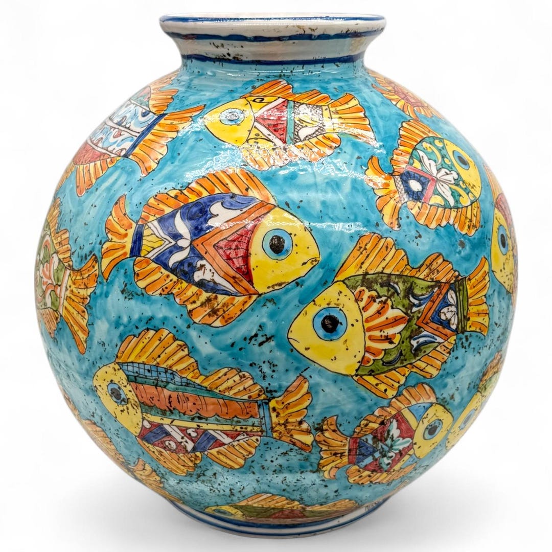 Majestic Ceramic Vase With Hand-painted Colorful Fish – H. 43 X W. 43 ...