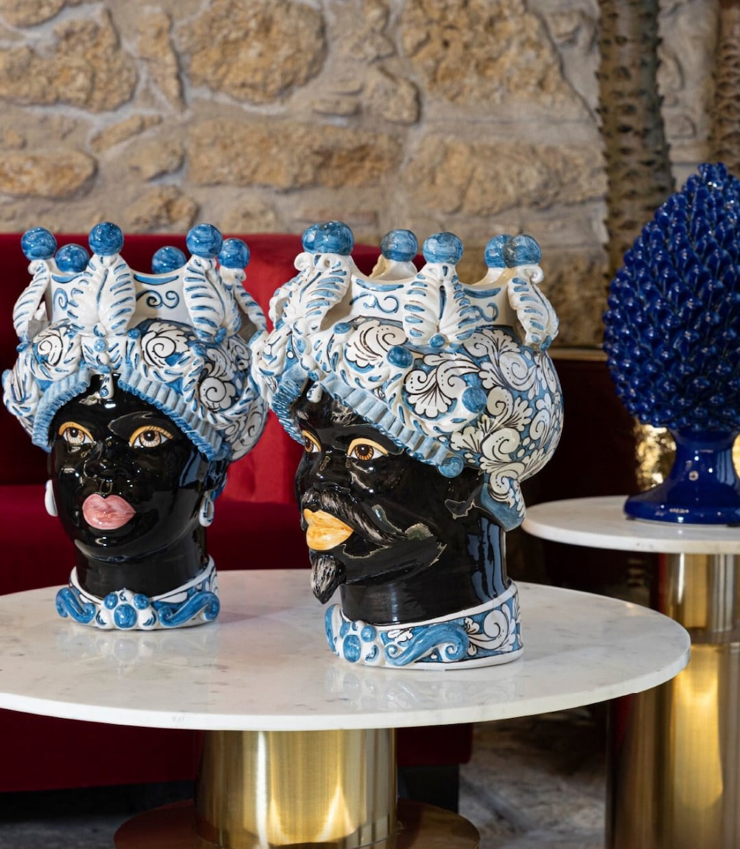 Italian Head Vases - Moor's Heads in Sicilian Ceramic Antique Blue H ...