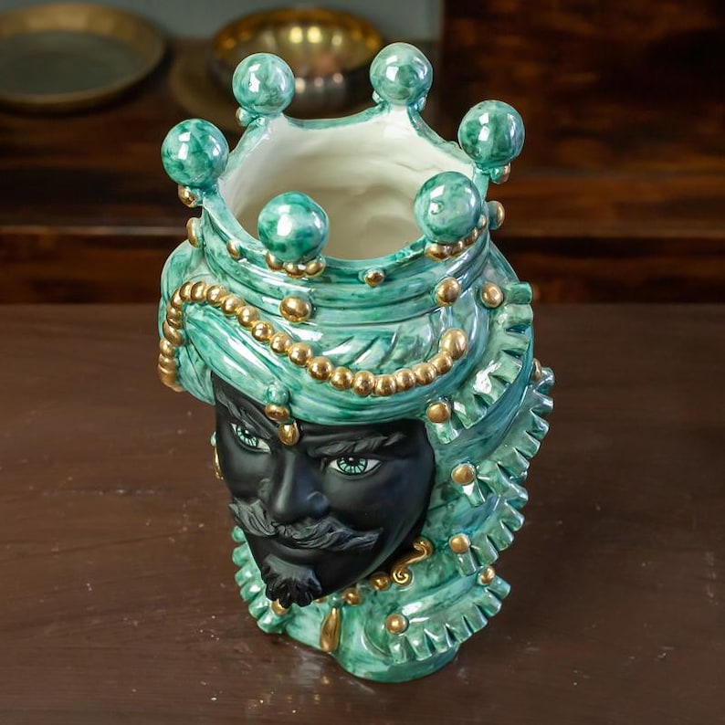Sicilian Ceramic Moor's Head From Caltagirone Green Mother of Pearl L ...