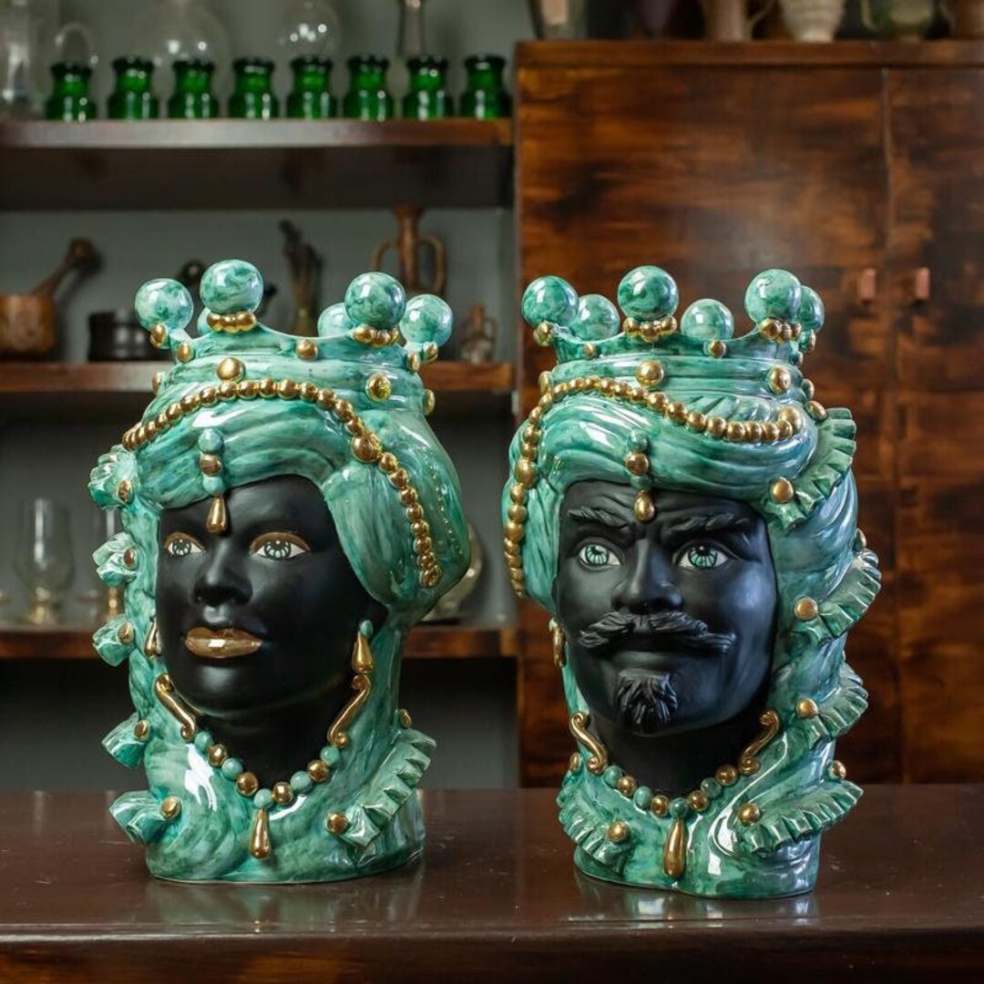 Sicilian Ceramic Moor's Head From Caltagirone Green Mother of Pearl L ...