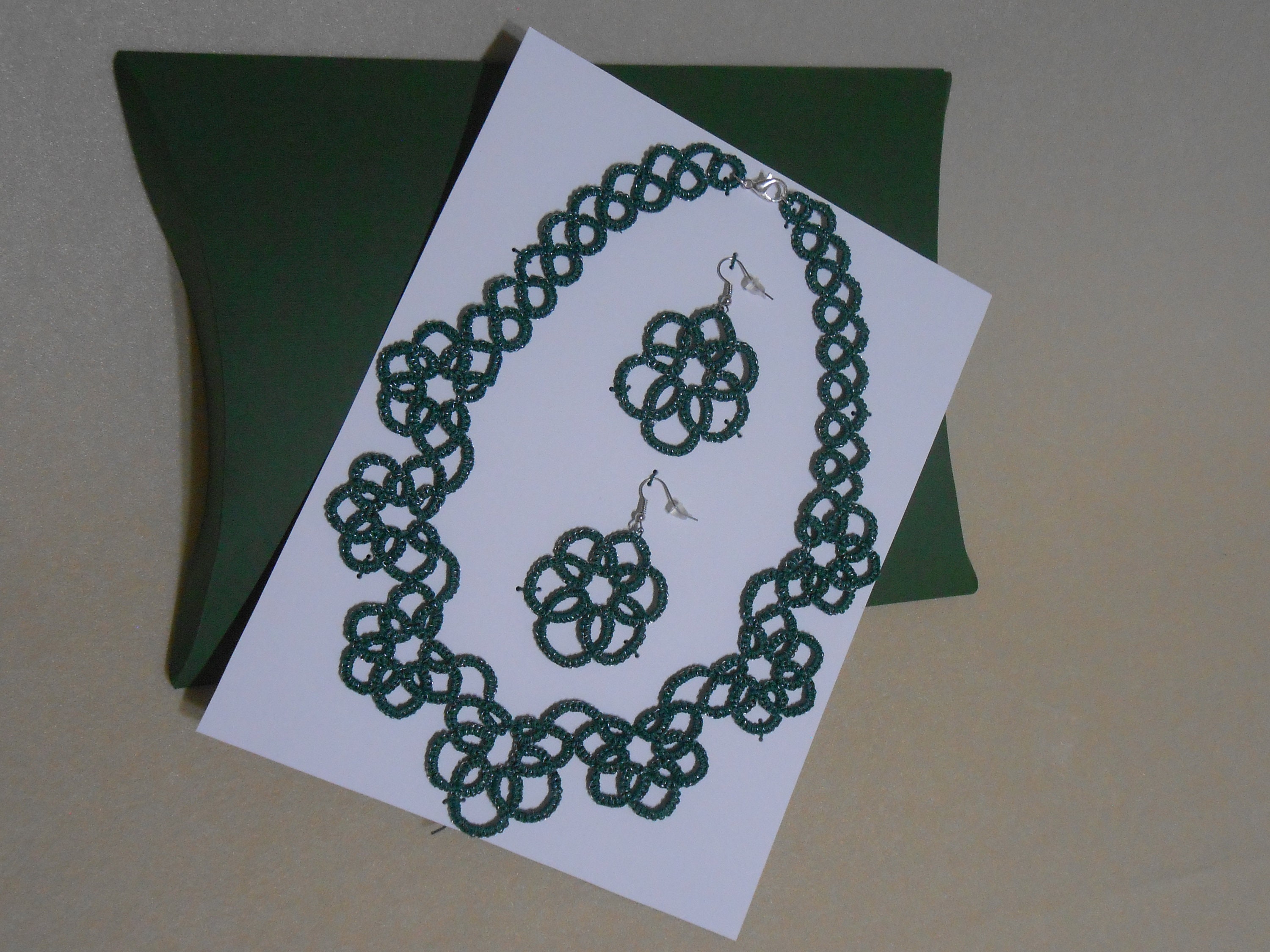 Necklace, Earrings Tatted Lace Jewelry Set Sparkle Green or Orange ...