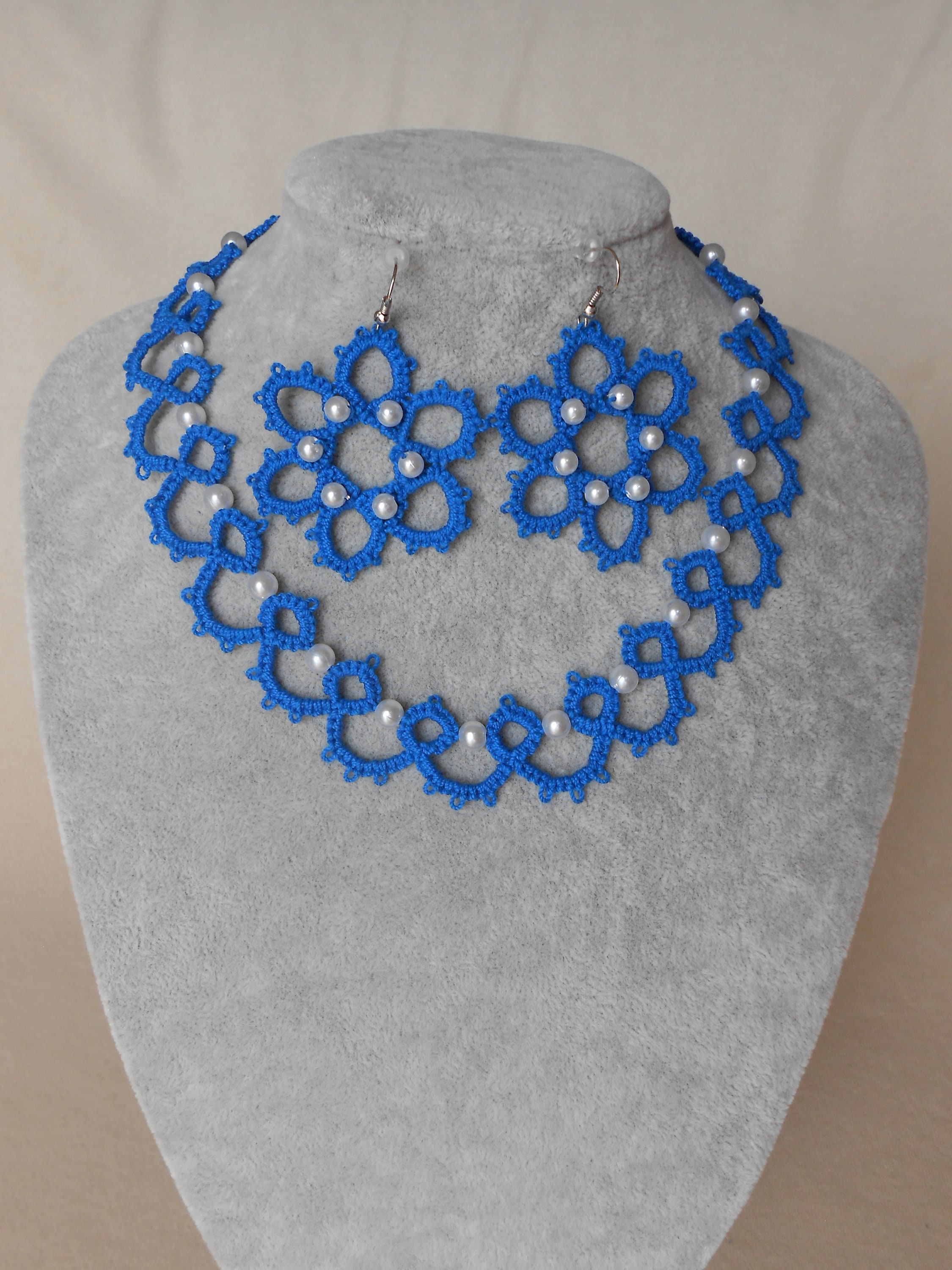 Necklace, Earrings Tatted Lace Jewelry Set, Blue READY TO SHIP Gift ...