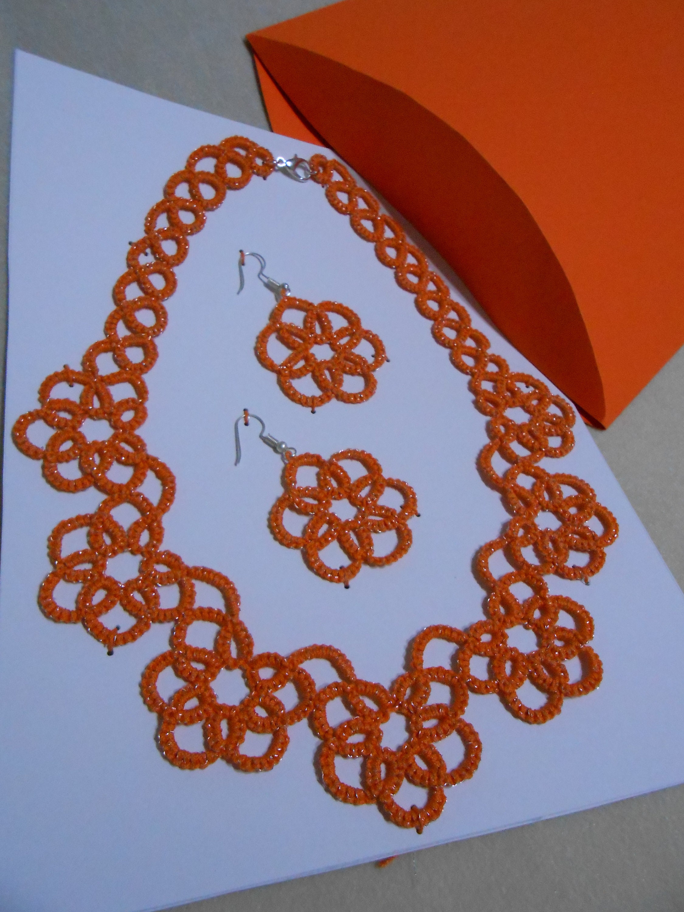 Necklace, Earrings Tatted Lace Jewelry Set Sparkle Green or Orange ...