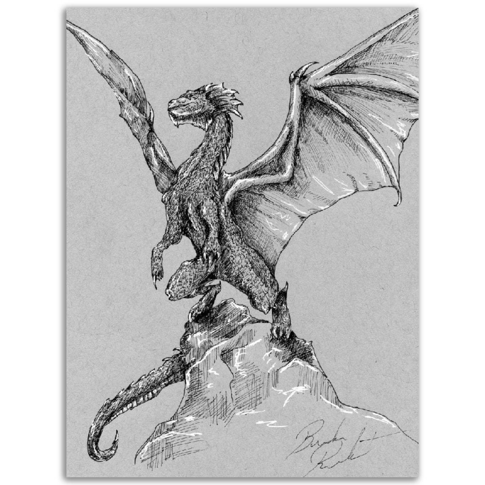 Dragon, Pen and Ink Print, Hand Drawn Animal Art, Black and White ...