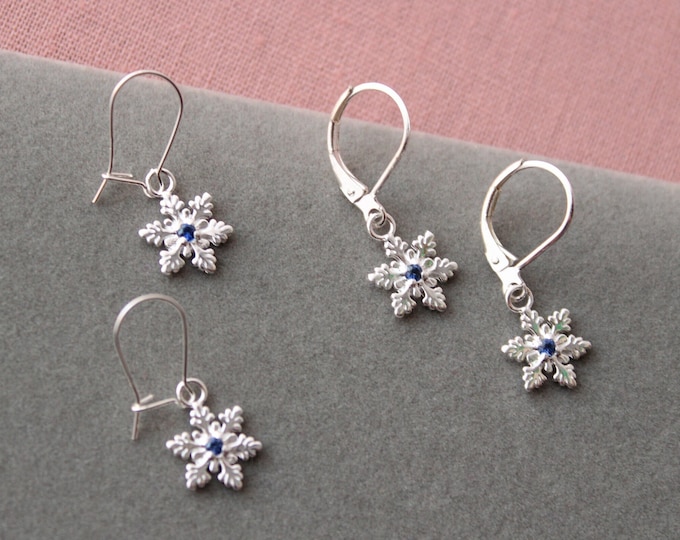 Delicate Silver Snowflake Earrings Dangle Earrings Blue Winter Earrings ...