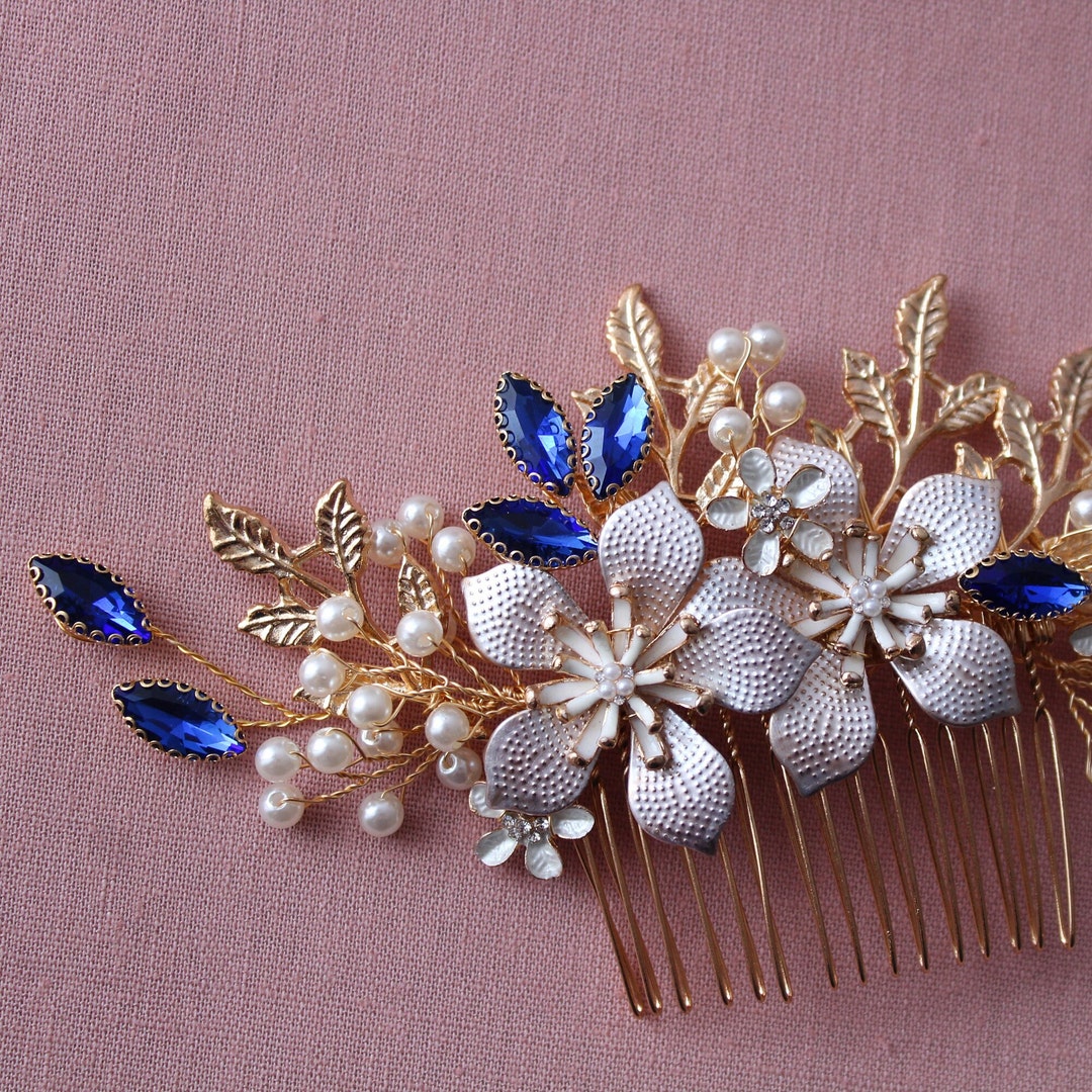 Gold Blue Bridal Hair Comb Flower Hair Comb, Something Blue Wedding ...
