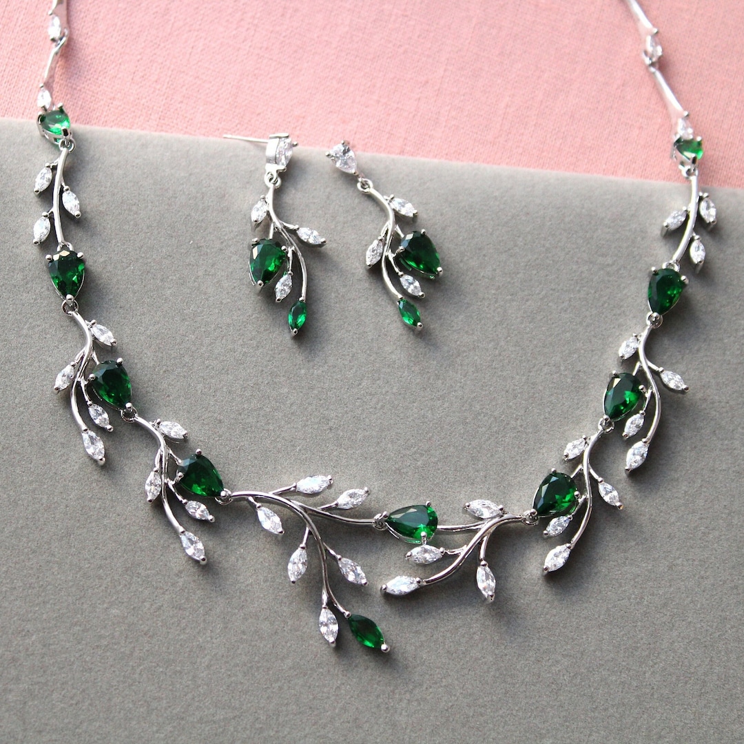 Silver Emerald Bridal Necklace and Earrings Crystal Leaf Wedding ...