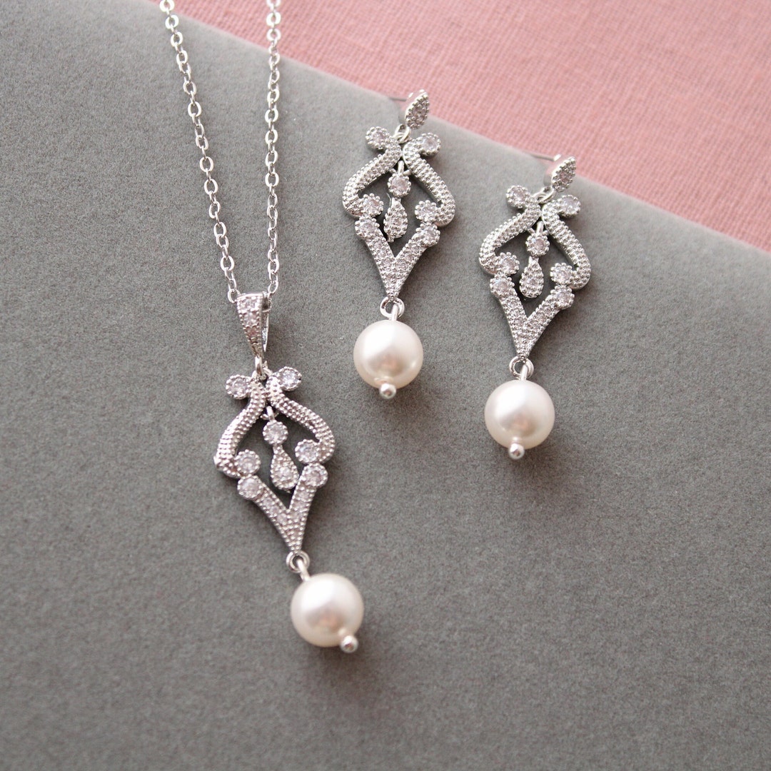 Art Deco Pearl Jewellery Set: Bridal Jewelry Set, Vintage Style Wedding ...