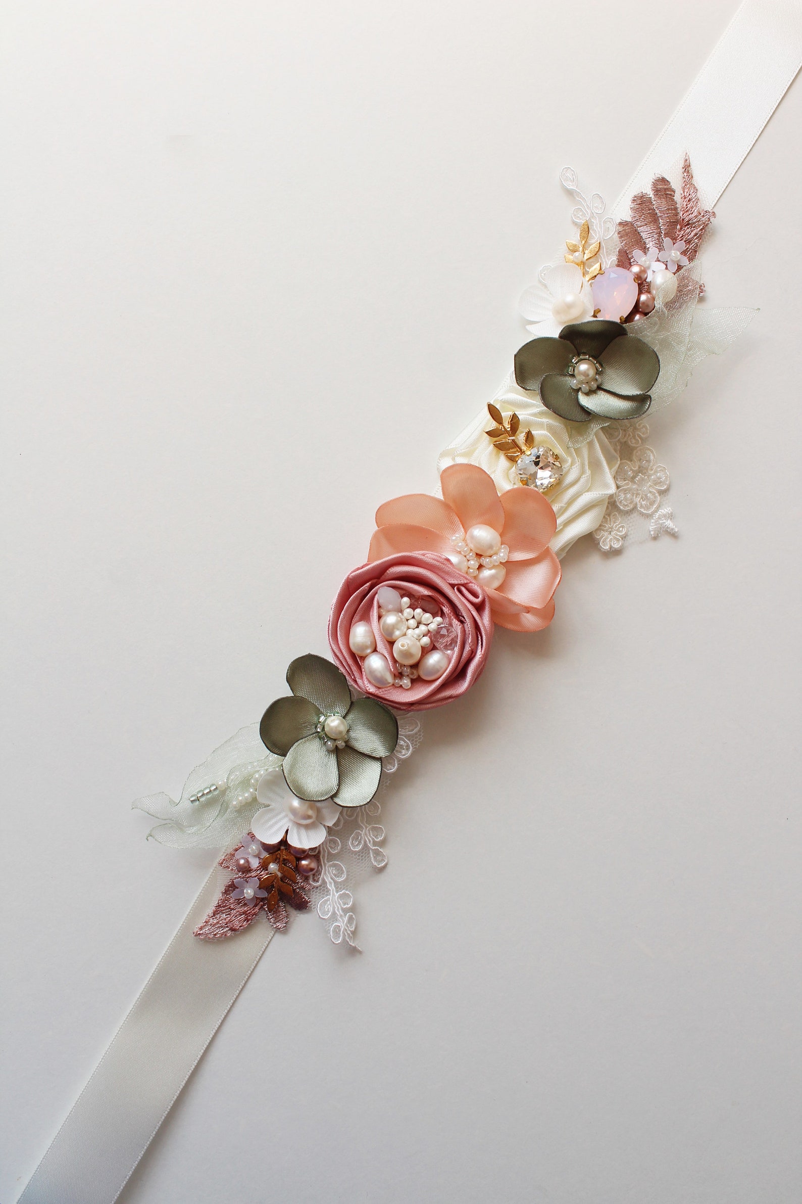 Gold Pink Peach Bridal Sash Wedding Sash With Flowers Floral Sash Green ...