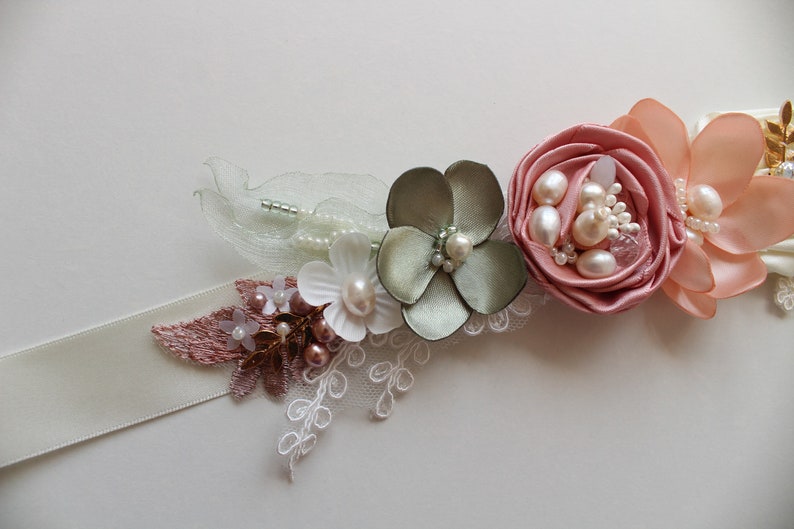 Gold Pink Peach Bridal Sash Wedding Sash With Flowers Floral Sash Green ...