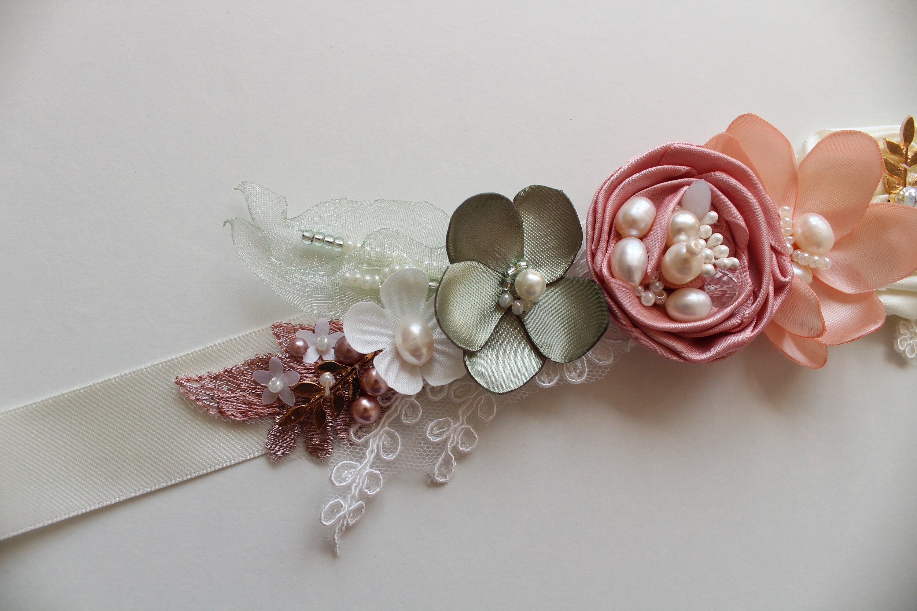 Gold Pink Peach Bridal Sash Wedding Sash With Flowers Floral Sash Green ...