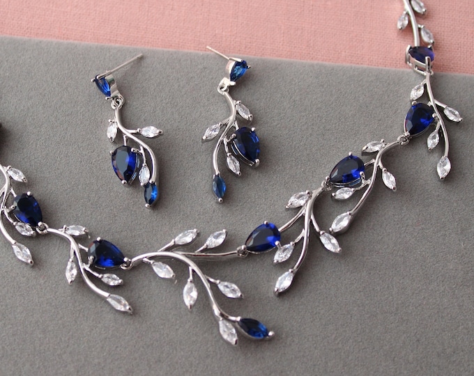Silver Sapphire Blue Bridal Necklace and Earrings, Crystal Leaf Wedding ...