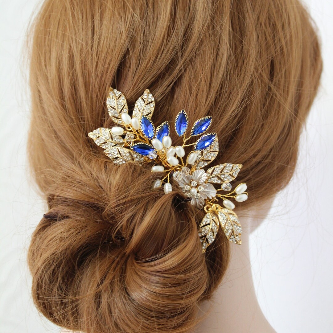 Gold Blue Bridal Hair Comb Pearl Wedding Hair Pin Something Blue Leaf ...