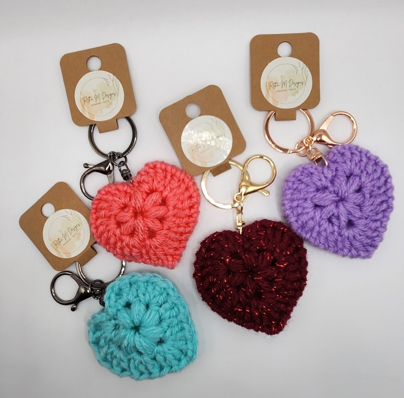 Handmade Multicolored Crochet Heart Keychain 100% Acrylic Yarn Perfect ...