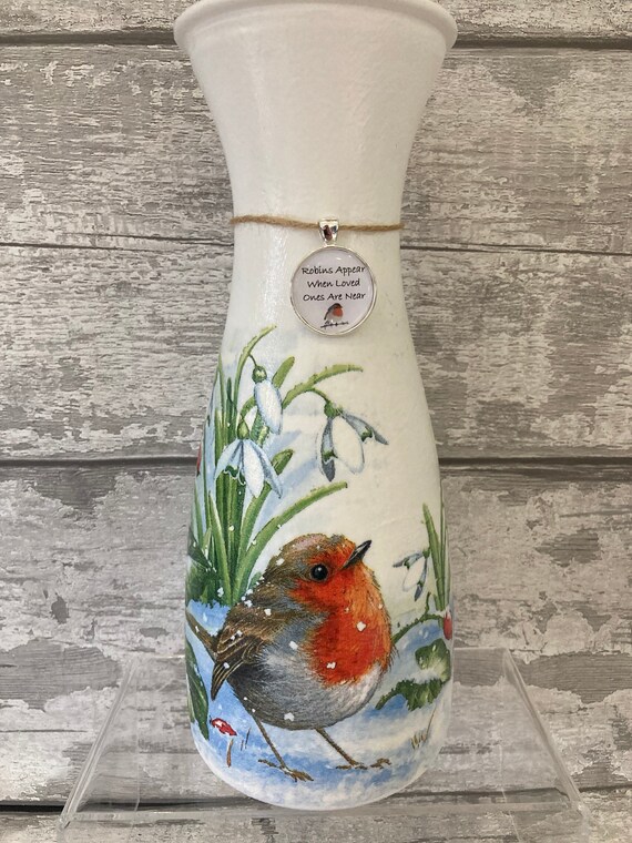 Robin Vase With Charm Decouoage Vase Gifts Xmas Gifts - Etsy UK