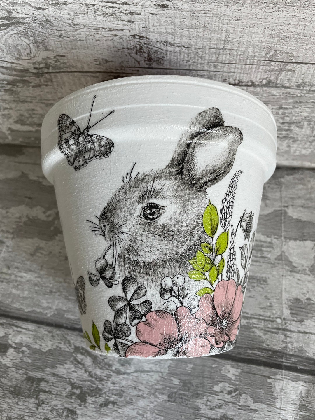 Rabbit Plant Pot for Inside or Out Decoupaged, Rabbit Gifts , Garden ...