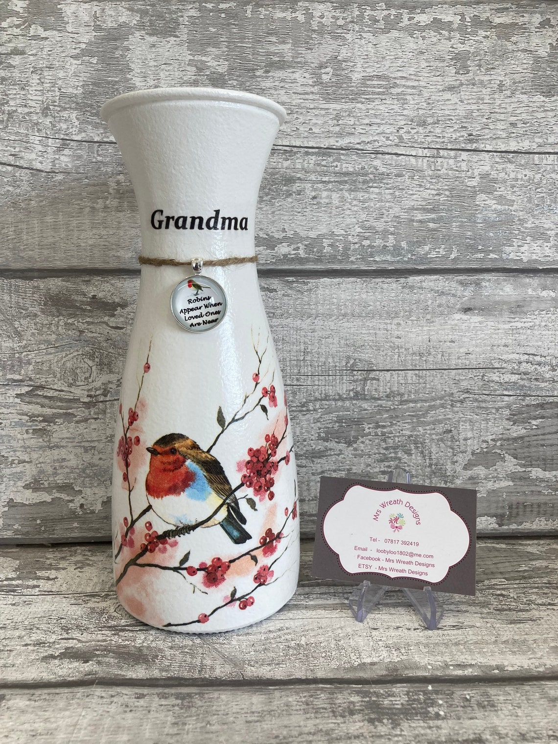 Robin vase with charm decouoage vase gifts Xmas gifts | Etsy