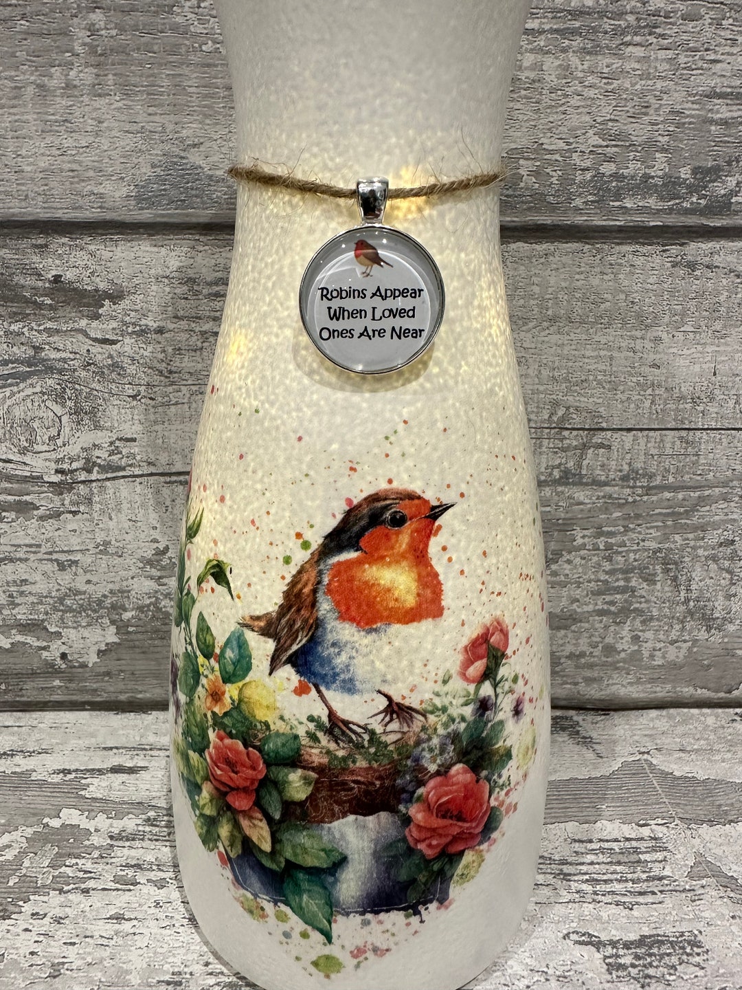 Light up Robin Vase, With Charm Decouoage, Vase, Gifts, Xmas Gifts ...