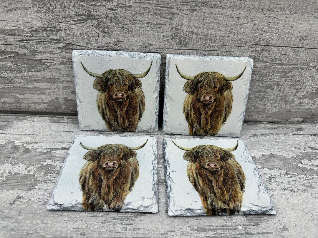 Highland Cow Coasters X 4. Solid Slate, Heat Resistant , Decoupaged - Etsy