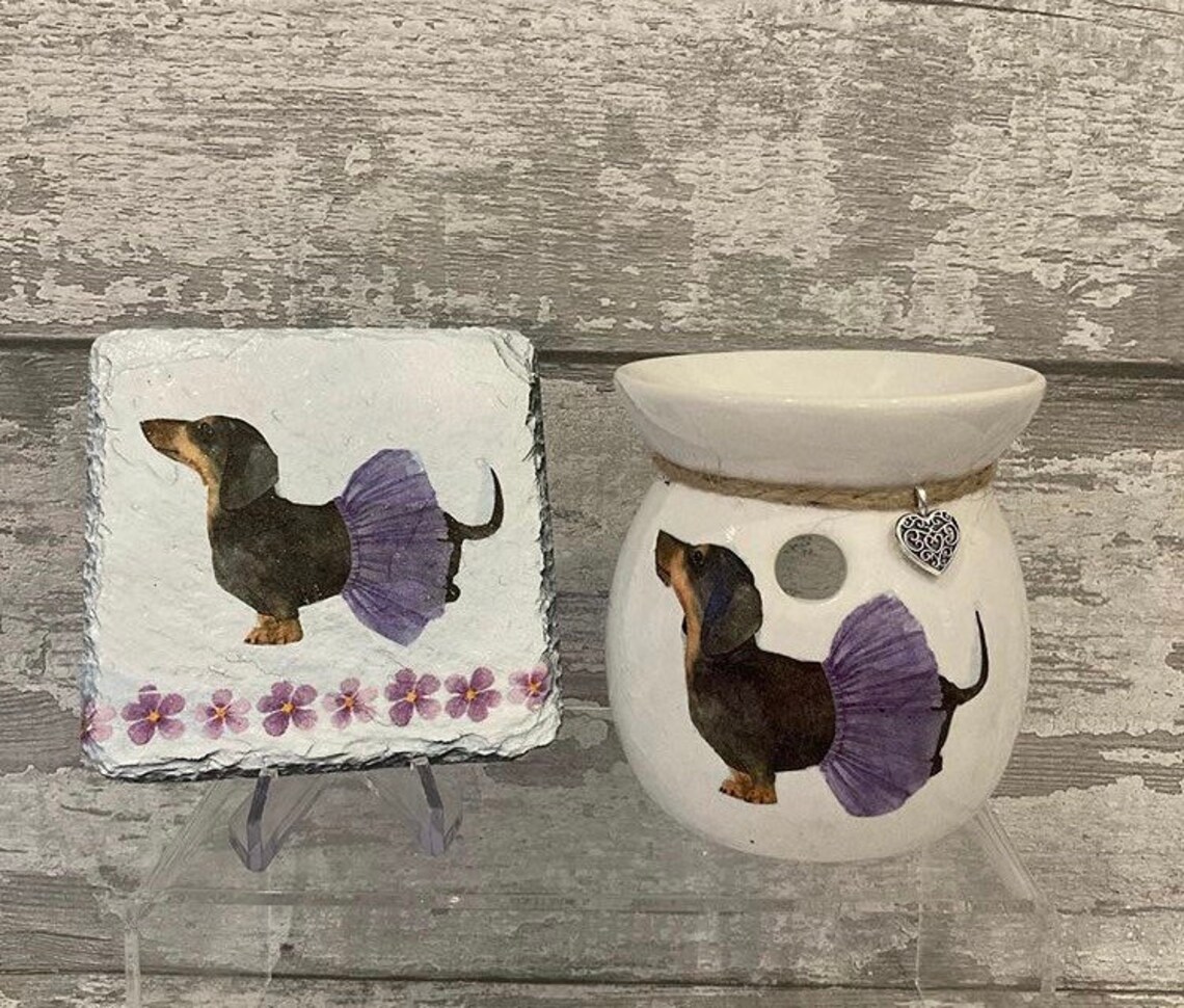 Dachshund sausage dog wax burner and coaster set wax melts | Etsy