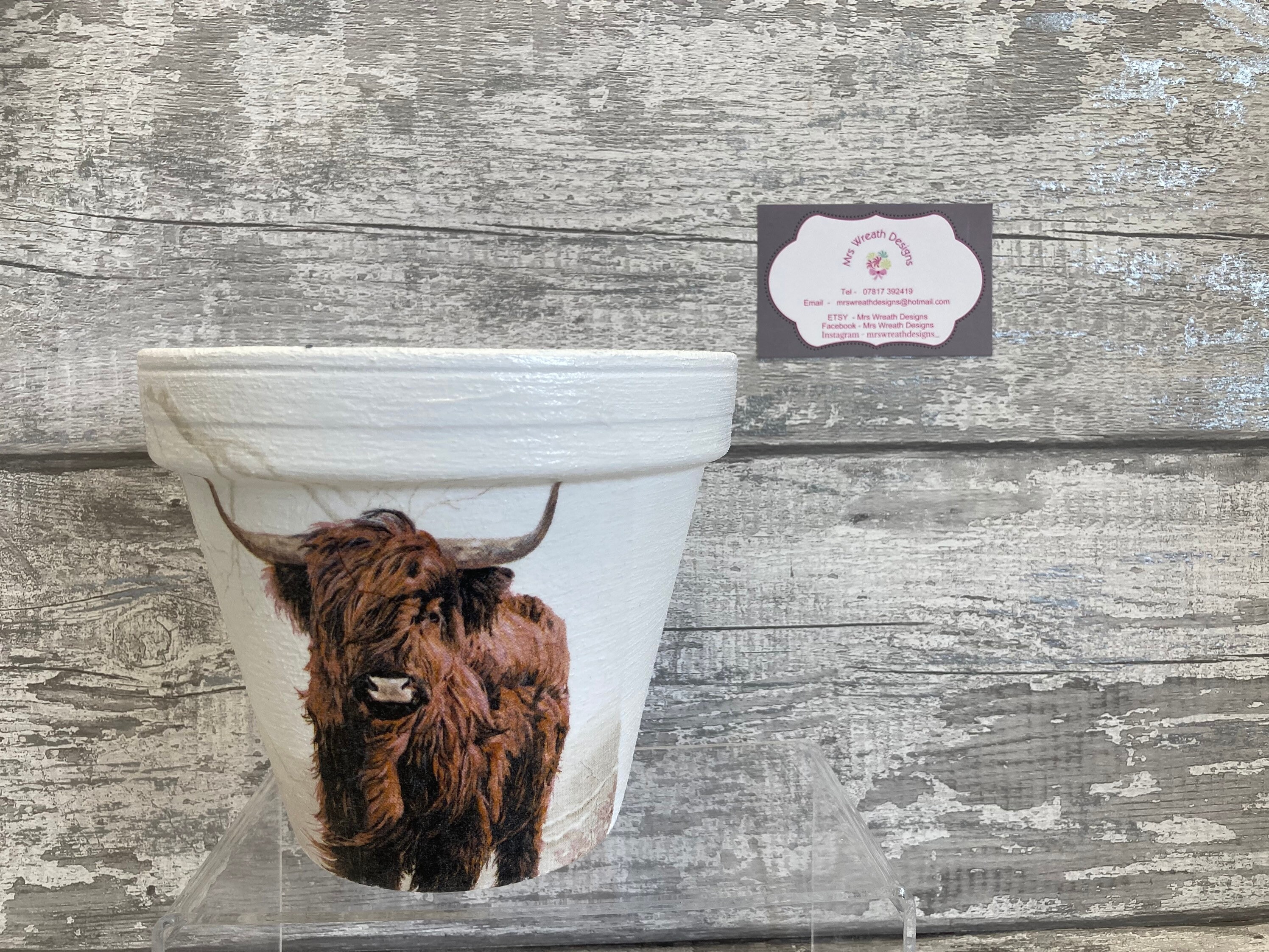Highland cow plant pot for inside or out decoupaged robins | Etsy