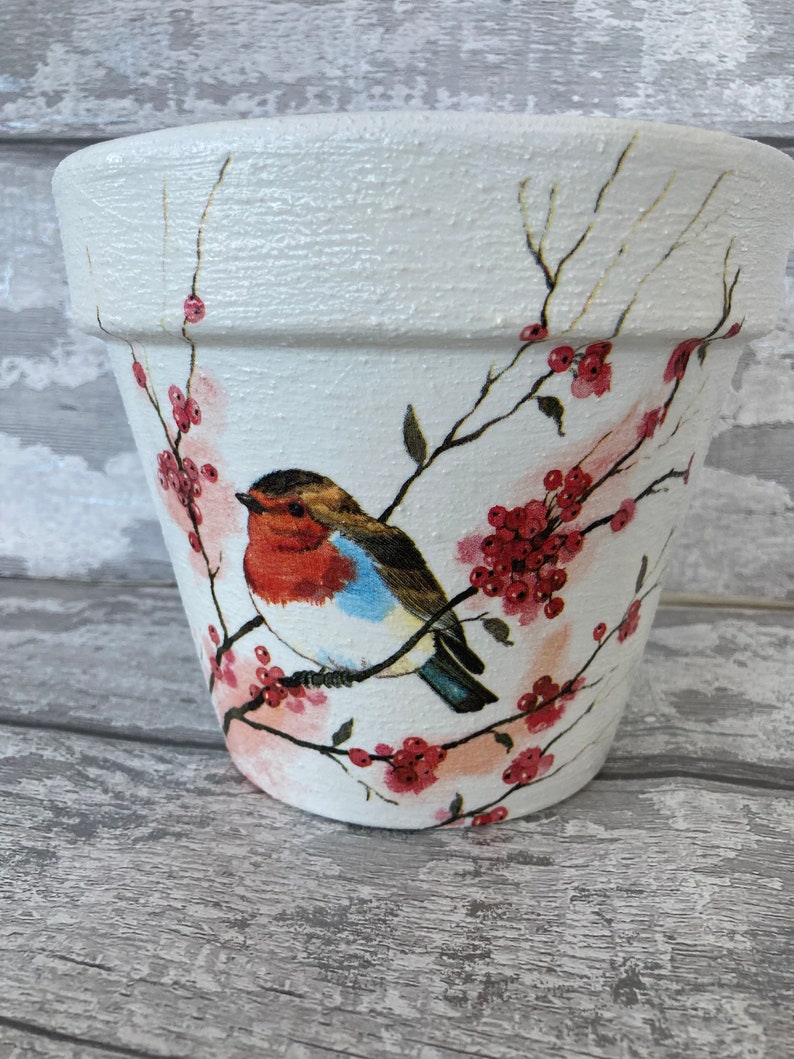 Robin plant pot for inside or out decoupaged robins garden | Etsy
