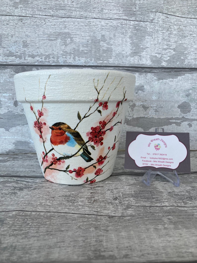 Robin plant pot for inside or out decoupaged robins garden | Etsy