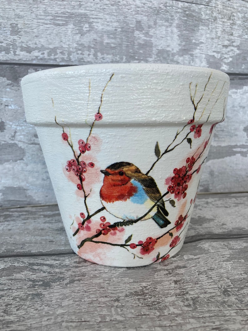 Robin plant pot for inside or out decoupaged robins garden | Etsy