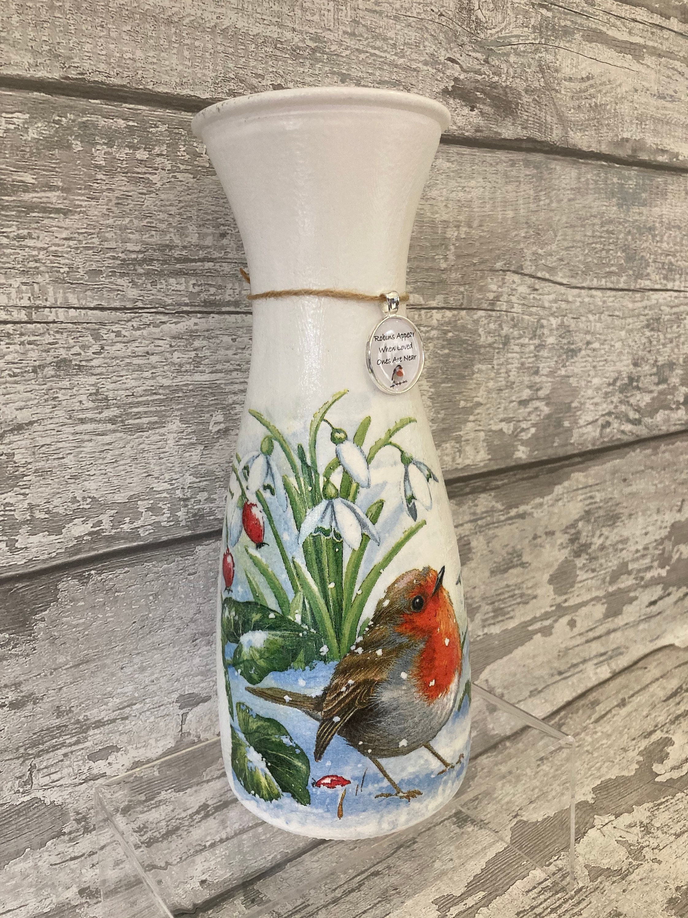 Robin Vase With Charm Decouoage Vase Gifts Xmas Gifts - Etsy UK