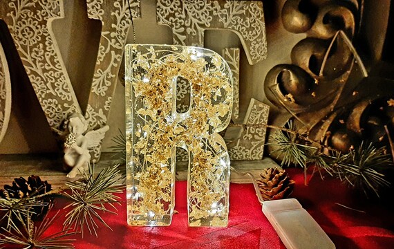 Light up Resin Large Letters Lamp Gold Flakes Initial | Etsy