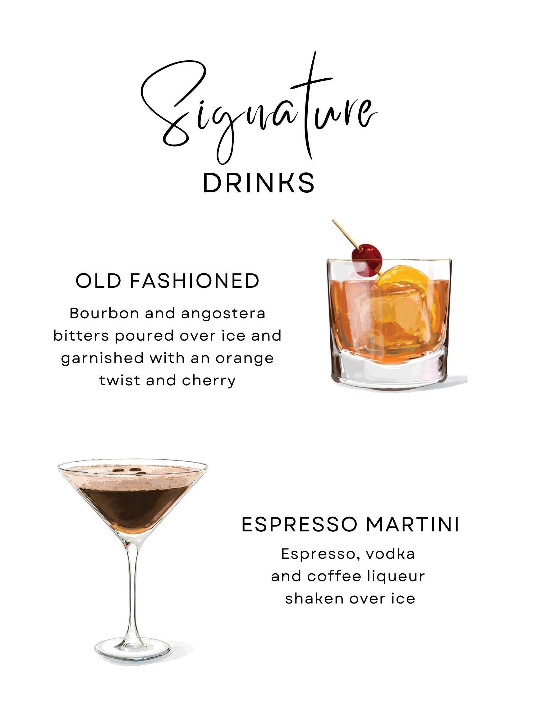 Signature Drinks Menu Template — for a Wedding, Birthday Party, Bridal ...