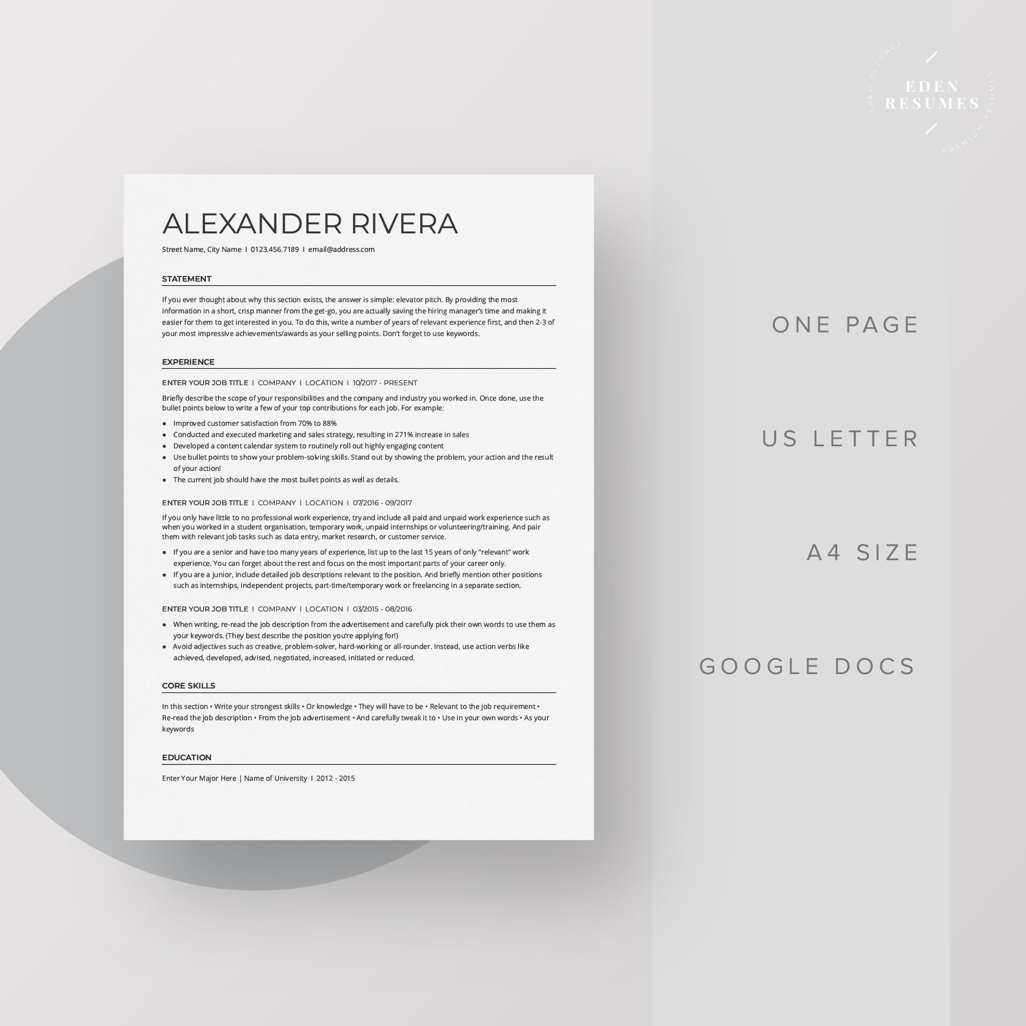 Google Docs Professional Resume Template, 1 Page Minimalist Resume for ...